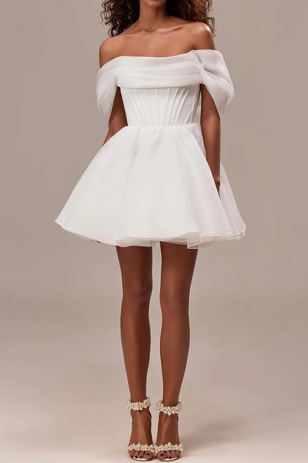 Unique sheer A-shaped off shoulder strap short wedding dress – JiMiss ...