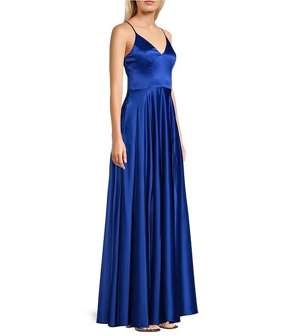 Front slit satin V-neck prom dress – JiMiss Dresses