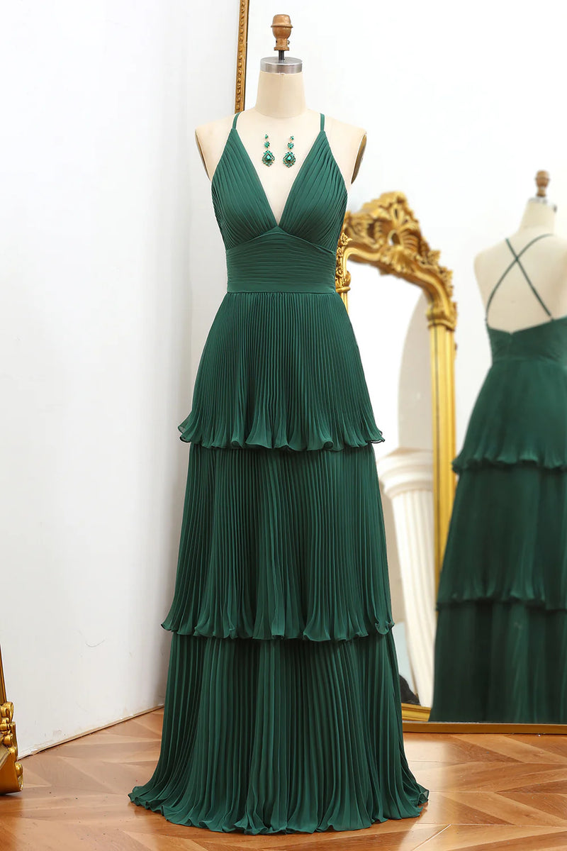 Deep green layered V-neck slim shoulder ball gown – JiMiss Dresses